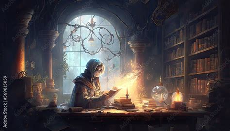 Young wizard learning the ways of magic. The environment is a quiet and studious library filled ...