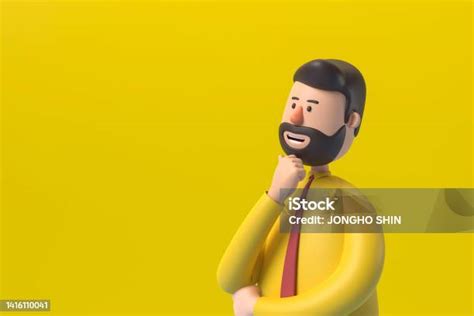 3d 그림 만화 캐릭터 귀여운 사업가 파란색 배경에 고립 진지한 남자는 포즈를 취합니다 백인 남성은 흰색 셔츠와 빨간 넥타이를