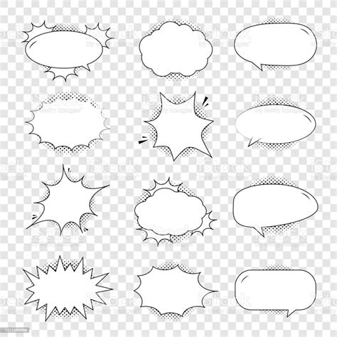 투명 한 배경에 검은 색 하프 톤 그림자설정 복고풍 빈 만화 거품과 요소 벡터 일러스트 빈티지 디자인 팝 아트 스타일 다이어그램에 대한 스톡 벡터 아트 및 기타 이미지