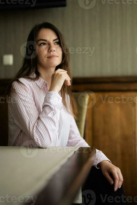 Young Beautiful Brunette Woman Sit In Coffee Shop Cafe Restaurant