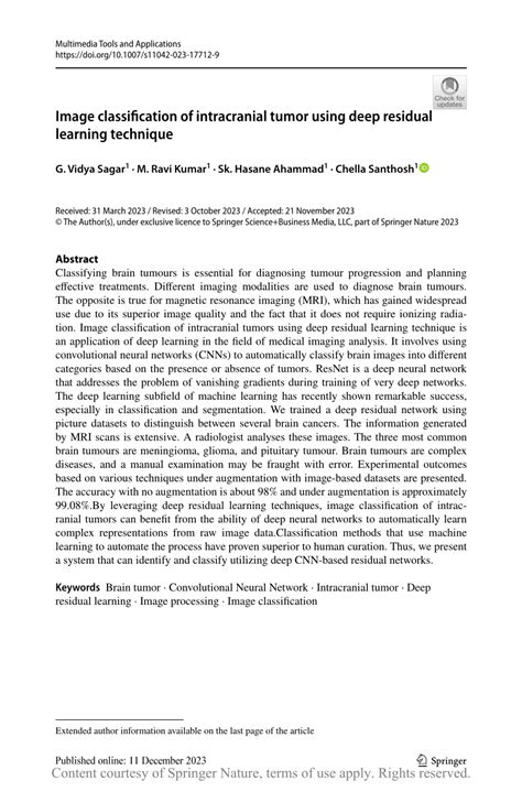 Image Classification Of Intracranial Tumor Using Deep Residual Learning Technique