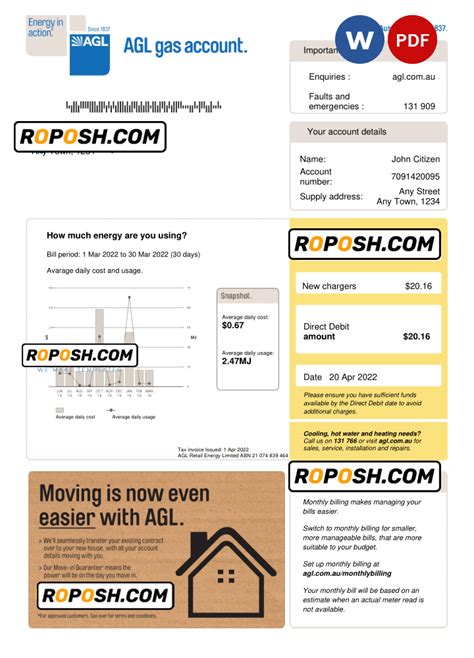 Australia Agl Gas Utility Bill Word And Pdf Template Version 2 Roposh