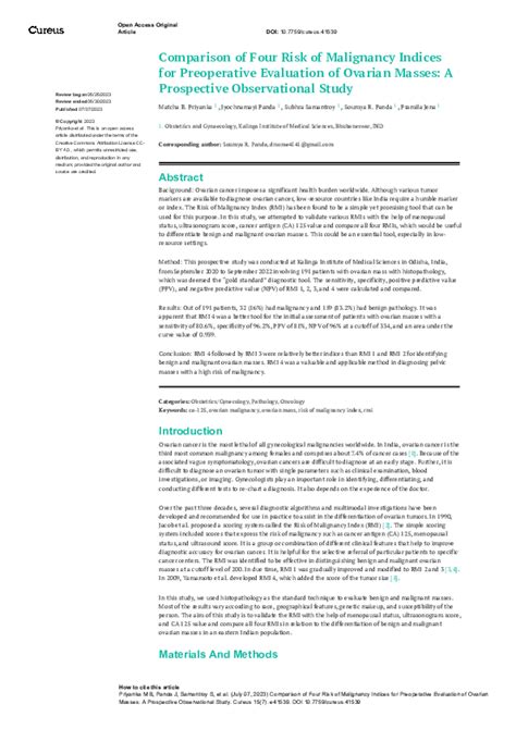 Pdf Comparison Of Four Risk Of Malignancy Indices For Preoperative Evaluation Of Ovarian