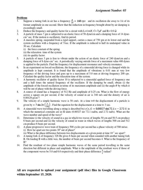 Problems Assignment Number 03 Download Free Pdf Waves Sound