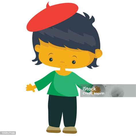 평평한 스타일의 빨간 베레모를 입은 소년 흰색 배경에 고립 된 개체 벡터 일러스트 교육에 대한 스톡 벡터 아트 및 기타 이미지