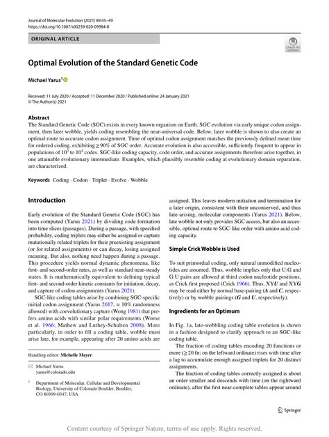 Pdf Optimal Evolution Of The Standard Genetic Code
