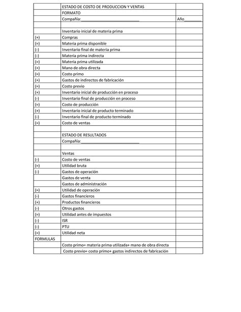 Formato De Estado De Costo De Produccion Y Ventas Estado De Costo De