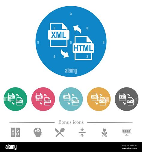xml html file conversion flat white icons on round color backgrounds 6