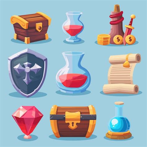 Premium Vector Cartoon Game Ui Assets Chest Potion Shield Scroll