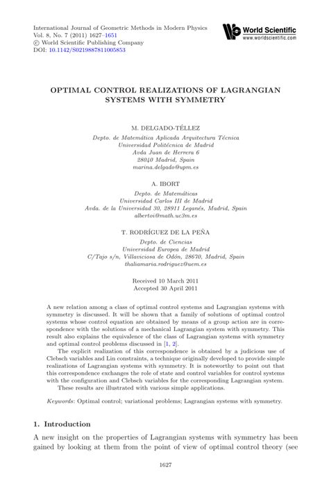 Pdf Optimal Control Realizations Of Lagrangian Systems With Symmetry