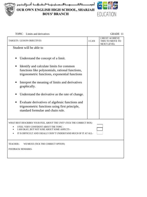 Learning Objectives Limits And Derivatives Pdf