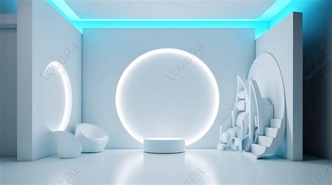 기하학적 모양과 파란색 Led 배경을 갖춘 흰색 스튜디오 룸의 3d 렌더링 이미지로 제품 디스플레이 향상 제품 디스플레이 배경 명품 배경 기하학 배경 이미지 Hd