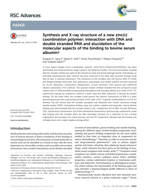 Pdf Synthesis X Ray Structure Of A New Zinc Ii Coordination Polymer Interaction With Dna