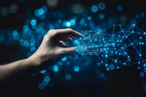Human And Robotic Hands Reach Across Glowing Data Streams In A Symbolic Connection Stock