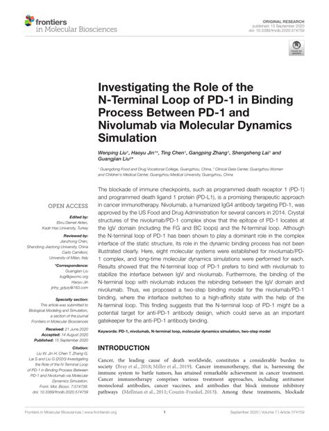 Pdf Investigating The Role Of The N Terminal Loop Of Pd 1 In Binding Process Between Pd 1 And