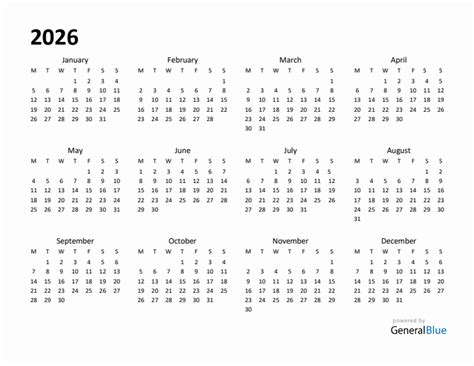 2026 Full Year Calendar With Monday Start