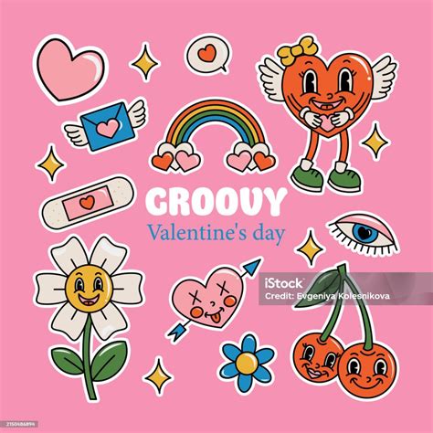 그루비 히피 사랑 스티커 세트 복고풍 만화 발렌타인 데이 클립 아트 벡터 윤곽선 그림입니다 스톡 벡터 일러스트 1960 1969