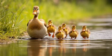 Un Grupo De Adorables Patitos Siguiendo A Su Madre Foto Premium
