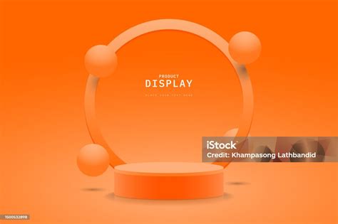 주황색 3d 실린더 연단 받침대 현실 또는 제품 디스플레이 스탠드 원형 링 모양과 구체 공이 떠 다니고 튀어 오릅니다 추상 3d