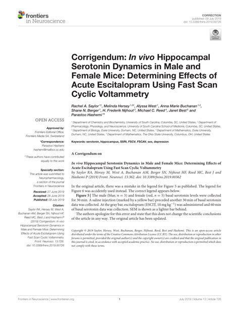 Pdf Corrigendum In Vivo Hippocampal Serotonin Dynamics In Male And