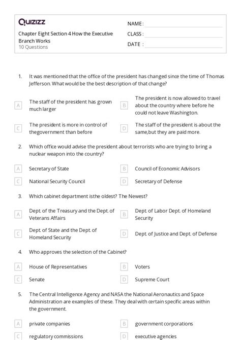 The Executive Branch Worksheets For Th Grade On Quizizz Free