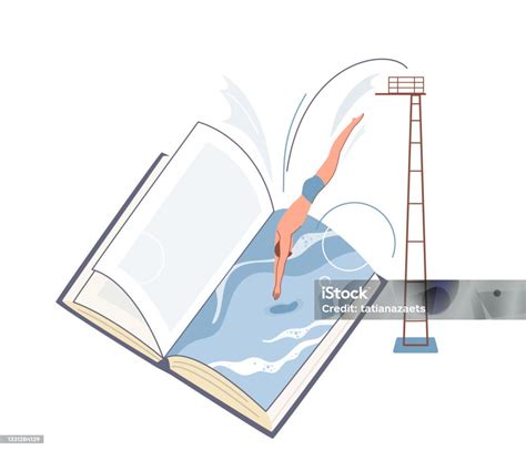 다이빙 타워에서 책에서 물에 다이빙 젊은 남자 몰입 읽기 개념 문학 벡터 배경 간단한 플랫 스타일로 공부 교육 디자인 일러스트 책에 대한 스톡 벡터 아트 및 기타 이미지