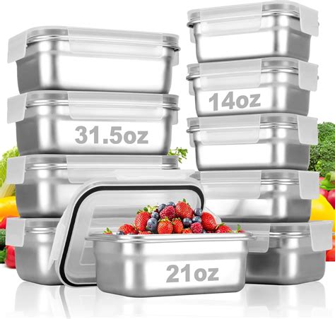 Cykorxicc 10 Pc Square 304 Stainless Steel Food Containers With Lids