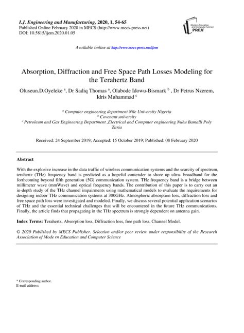 Absorption Diffraction And Free Space Path Losses Modeling For The Terahertz Band Ijem
