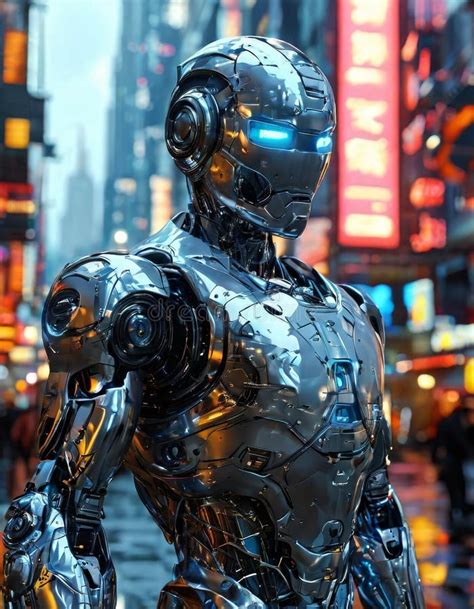 Futuristic Humanoid Robot In A Neon Lit Cityscape Stock Image Image