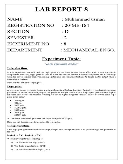 Ap Lab Report 8 By 20 Me 184 Pdf Logic Gate Electronics