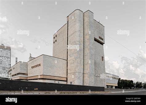 Soviet Brutalist Architecture High Gray Walls With Small Windows Old