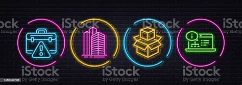 포장 상자 고층 빌딩 건물 및 경고 서류 가방 최소 라인 아이콘 웹 응용 프로그램의 경우 벡터 인쇄 네온에 대한 스톡 벡터 아트 및 기타 이미지 Istock