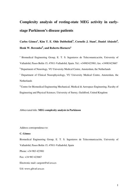 Pdf Complexity Analysis Of Resting State Meg Activity In Early Stage Parkinsons Disease Patients