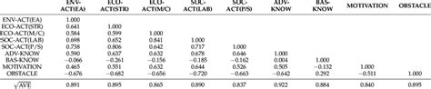 ave correlation and square root matrix multi item constructs
