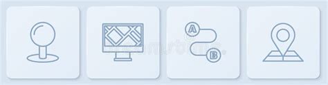 Set Line Push Pin Route Location Monitor With Map And Folded Marker White Square Button