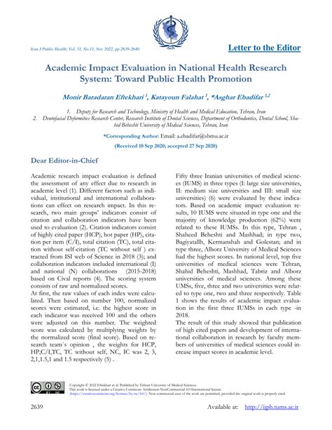 Pdf Academic Impact Evaluation In National Health Research System Toward Public Health Promotion