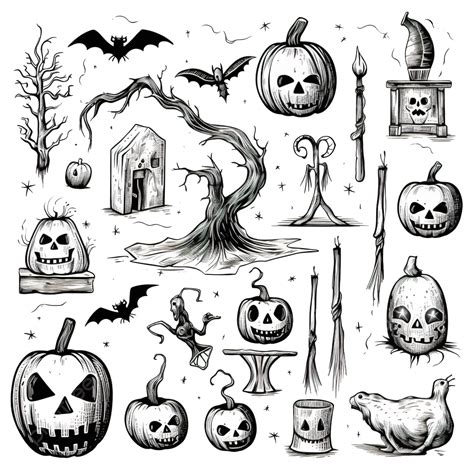 Set Of Vector Halloween Hand Drawn Elements In Sketch Style Collection