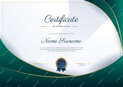 졸업장 수상 비즈니스 대학 학교 배경 및 기업용으로 설계된 금 배지 및 테두리가 있는 현대적인 우아한 짙은 녹색 및 금색 성취