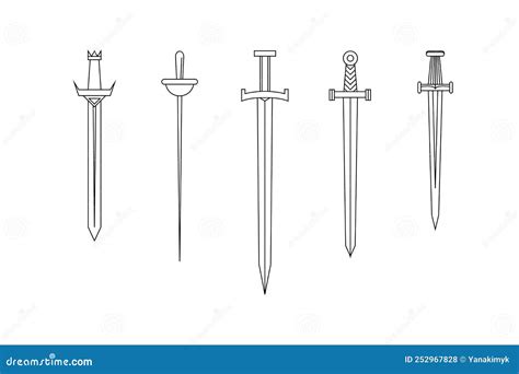Medieval Long Swords Drawn Art Line Style Set Of Simple Vector Images