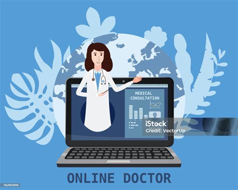 온라인 의사 여성 의료 개념 아이콘 세트입니다 노트북에서 의사 화상 통화 온라인 의료 서비스 의료 상담 꽃 배경입니다 웹 사이트