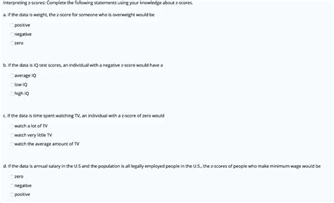 solved interpreting z scores complete the following