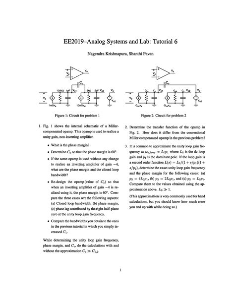 Ee2019 Problemset 6 Tutorial 6 Of Analog Systems Analog Systems Lab Studocu