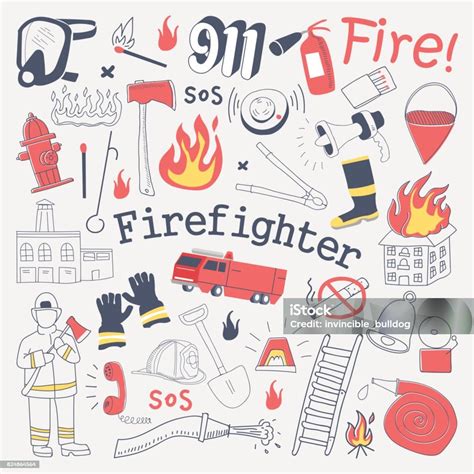 소방 관 자유 낙서입니다 소방 소화기와 장비 손 그려진 요소 설정 소방관에 대한 스톡 벡터 아트 및 기타 이미지 소방관