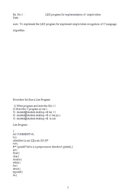 Cd Lab Manual Ex No 1 Lex Program For Implementation Of Simple