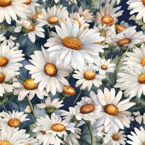 A Seamless Pattern With White Daisies On A Blue Background Premium Ai