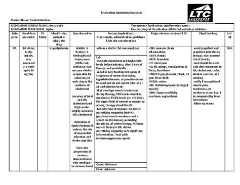 Atorvastatin Medication Work Sheet Medication Administration Sheet