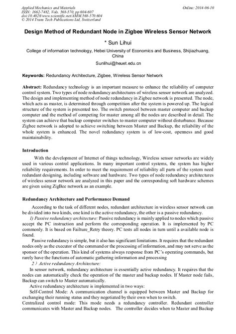 Design Method Of Redundant Node In Zigbee Wireless Sensor Network Scientificnet