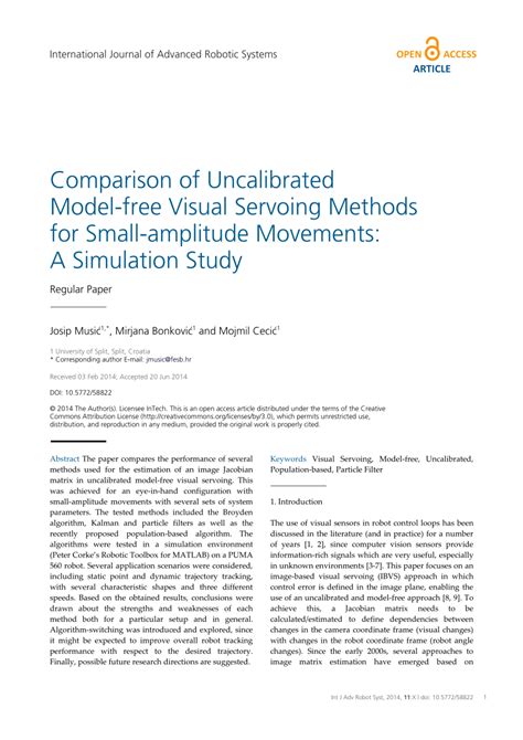 pdf comparison of uncalibrated model free visual servoing methods for small amplitude