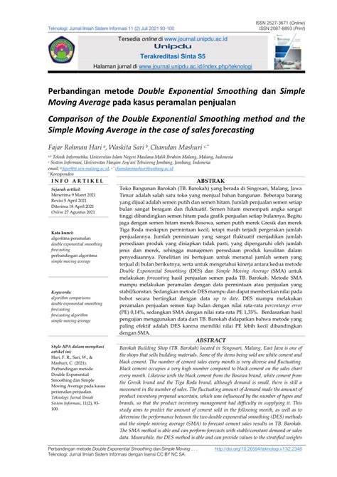 Pdf Perbandingan Metode Double Exponential Smoothing Dan Simple