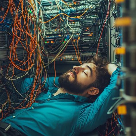 Young Man In Datacenter Server Room Working Late At Night Premium Ai